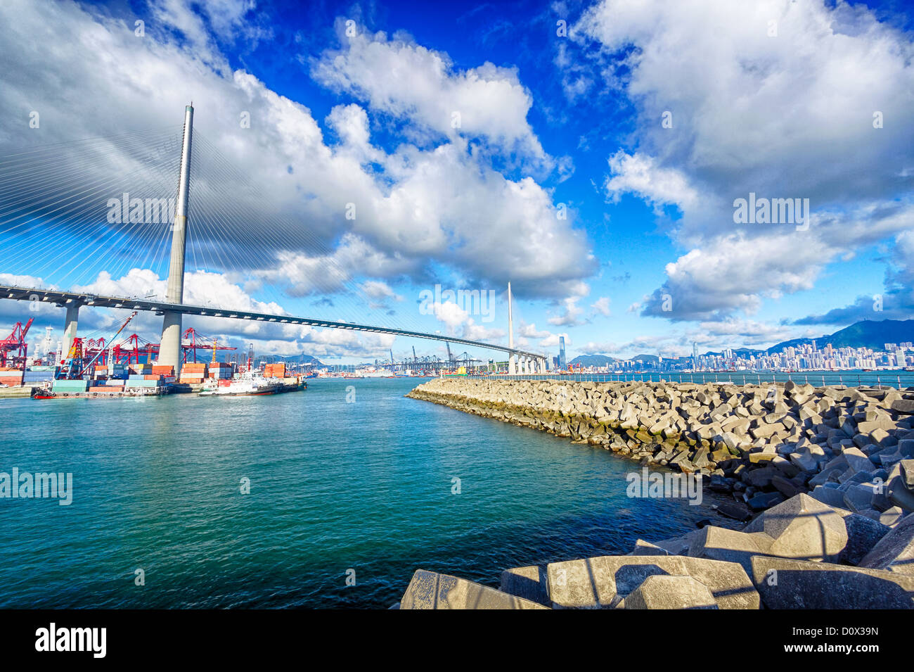 Port warehouse with containers and industrial cargoes , view under ...