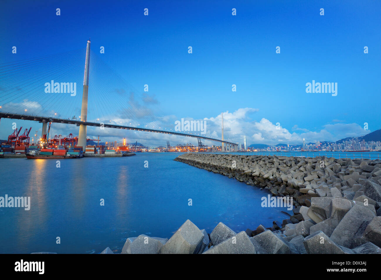 Port warehouse with containers and industrial cargoes , view under ...