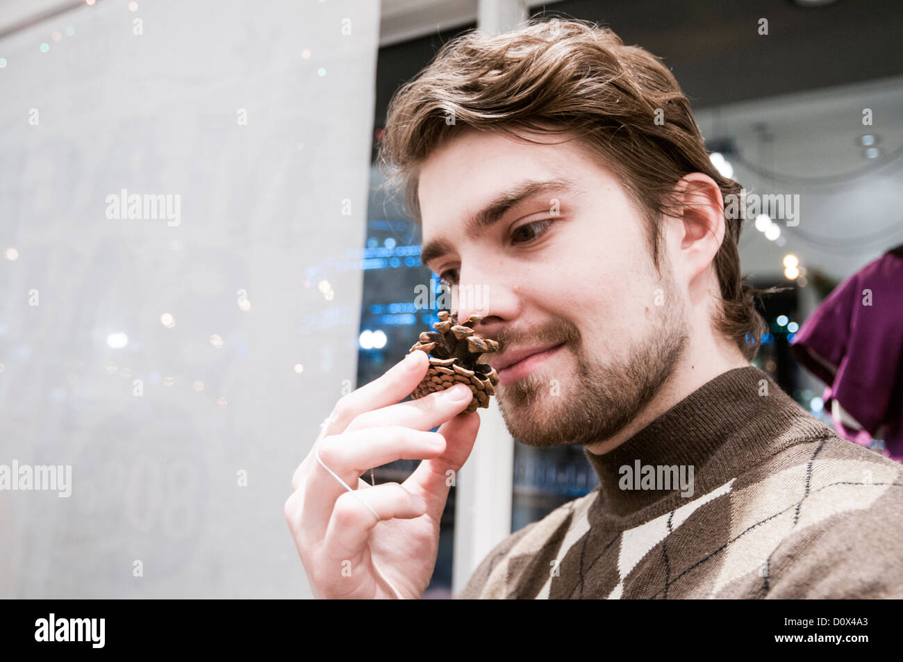 young man smelling cone pine smell Stock Photo - Alamy