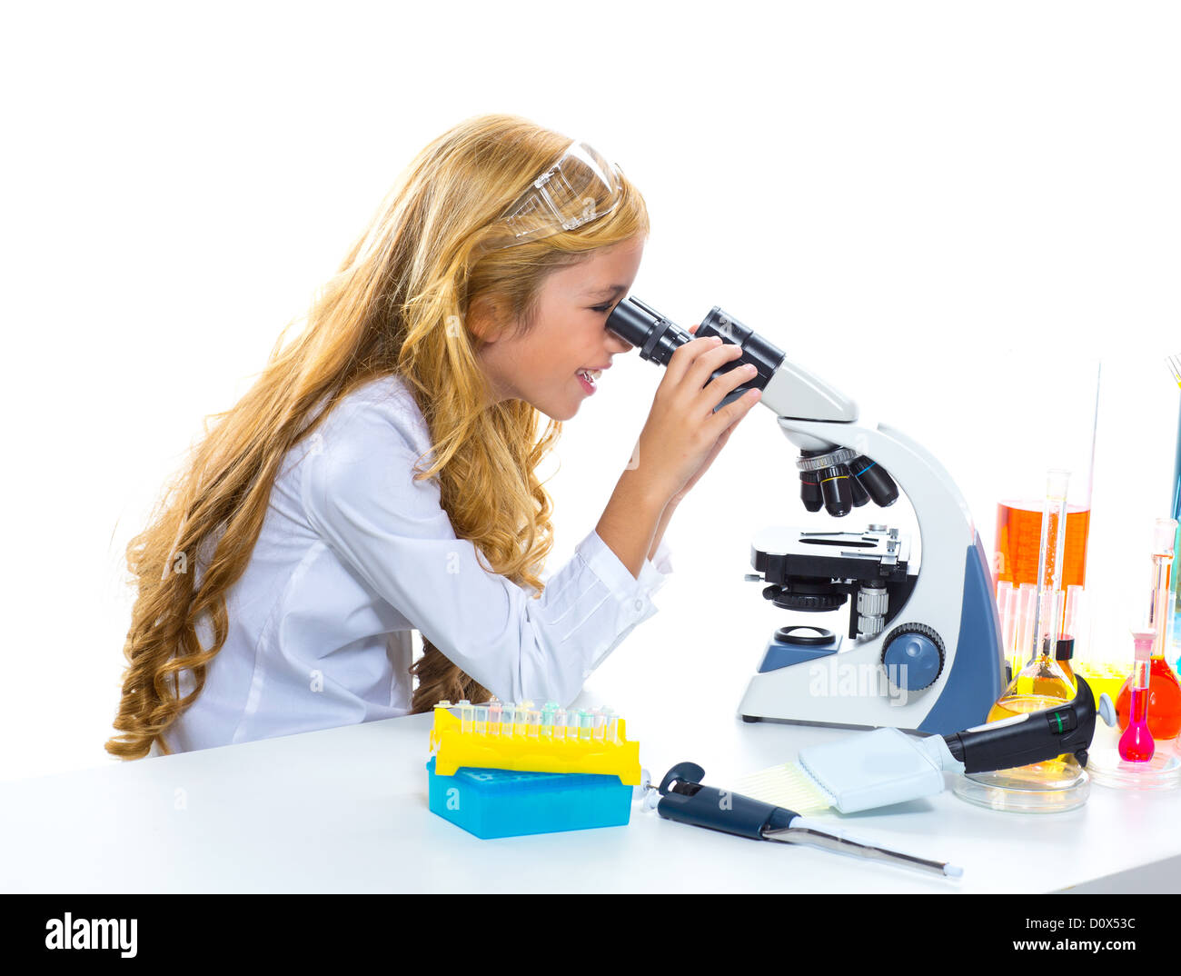 Children student girl in kid chemical laboratory at school on white ...