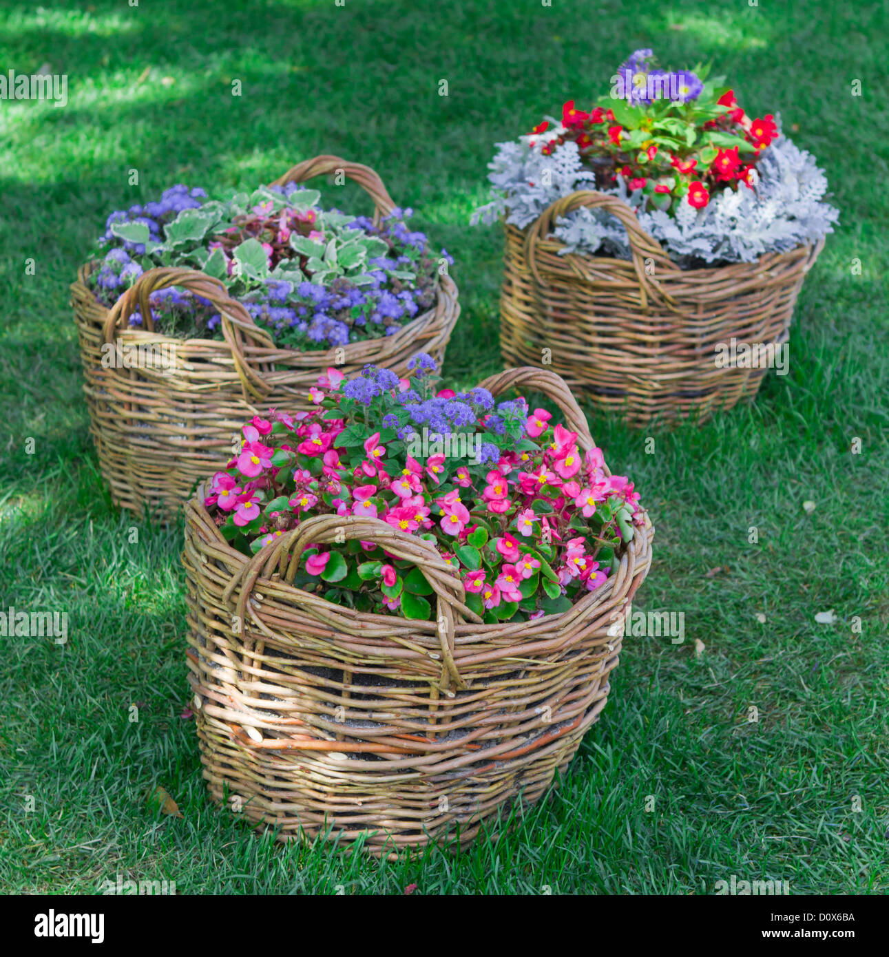 beautiful baskets of flowers in the garden landscape Stock Photo - Alamy