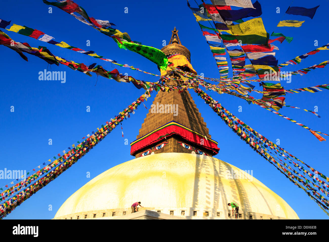 Men painting Boudhanath Stupa, Kathmandu, Kathmandu Valley, UNESCO ...