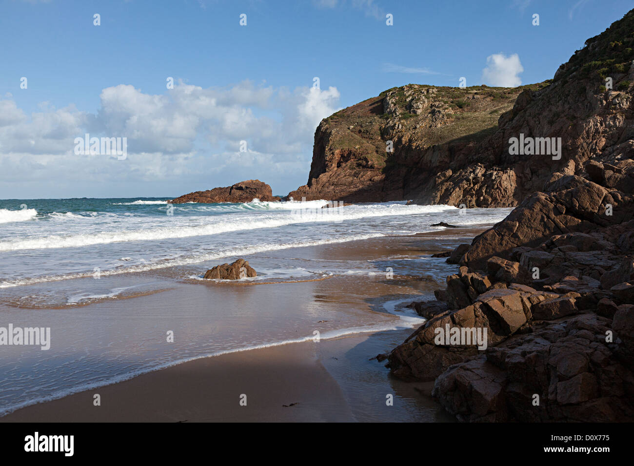 Beach and rocky shore at Plemont, Jersey, Channel Islands, UK Stock ...