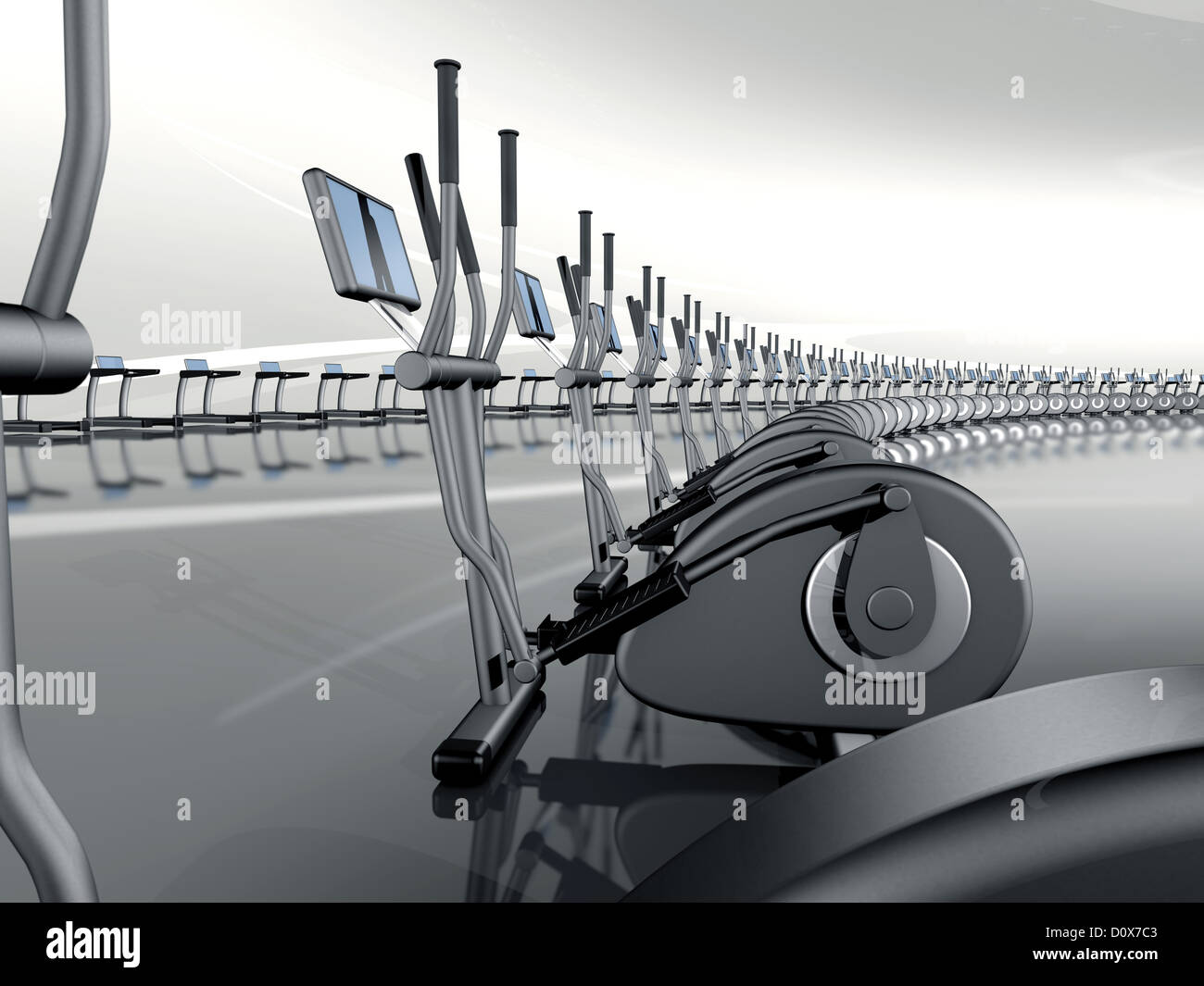 Futuristic huge curved modern gym with many elliptical cross trainer in ...