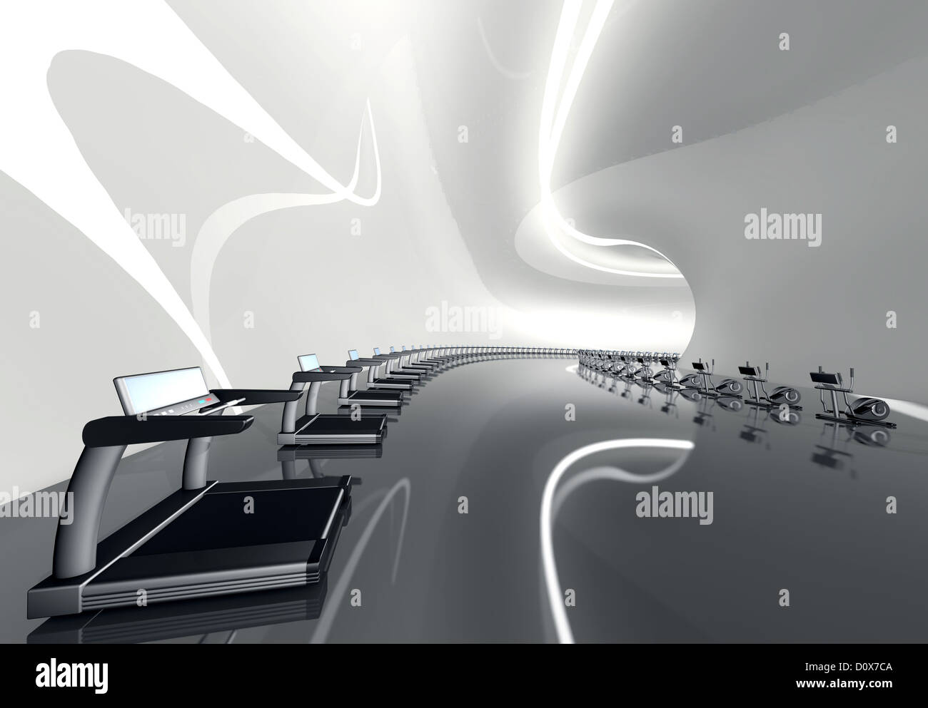 Futuristic modern big gym with treadmill and elliptical cross trainer ...