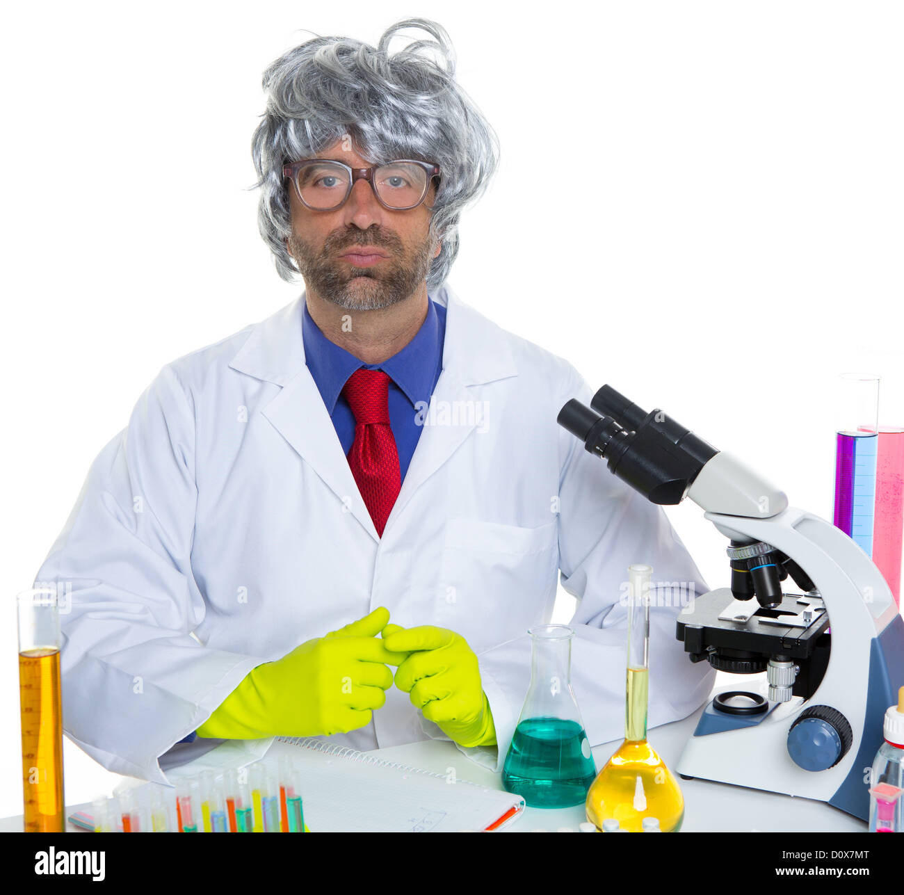 Nerd crazy scientist man portrait working at laboratory with gray hair ...