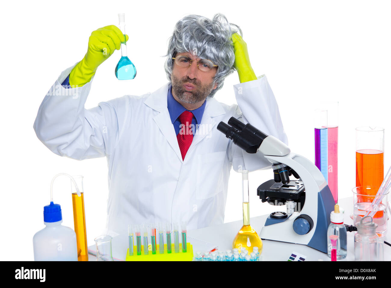 Crazy nerd scientist silly man gray hair on chemical laboratory Stock ...