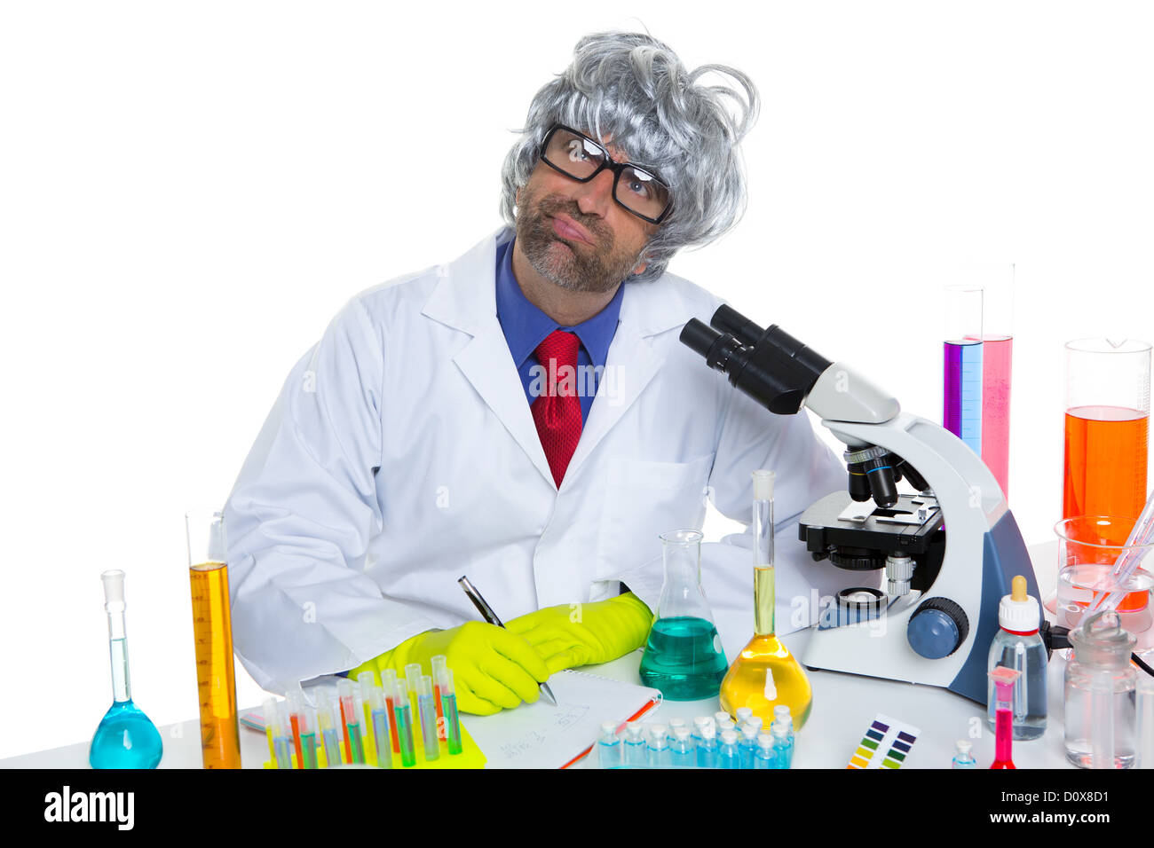 Nerd crazy scientist man portrait working at laboratory with gray hair ...