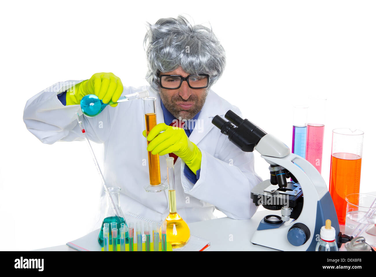 Crazy nerd scientist silly man gray hair on chemical laboratory Stock ...