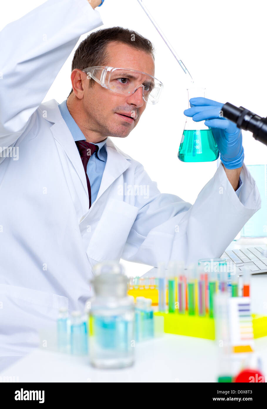 laboratory scientist working at lab with test tubes and microscope ...