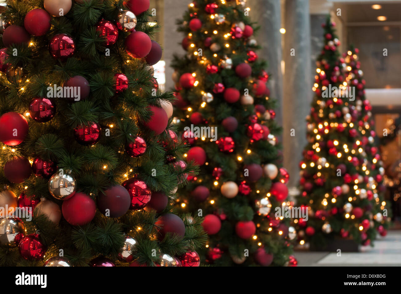 Christmas tree red decorations with spot light out of focus on the ...