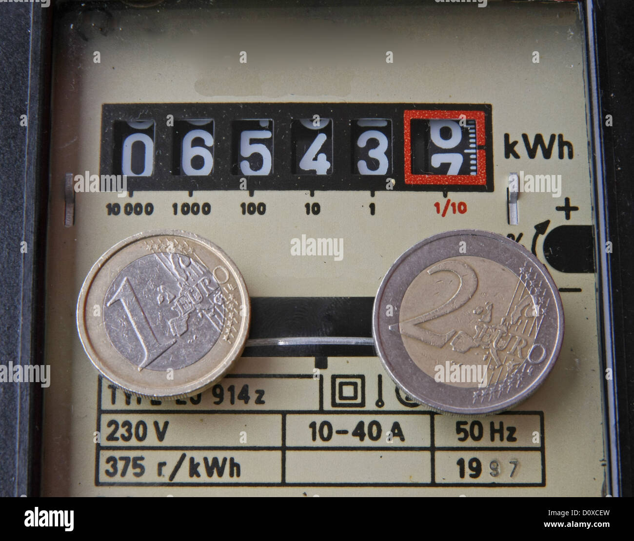 electricity meter with two coins of one and two euros for paying the ...