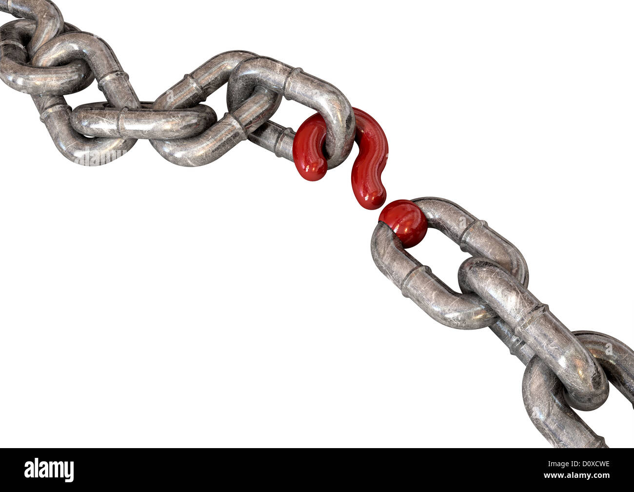 A worn chain with a question mark as one of its links on an isolated ...
