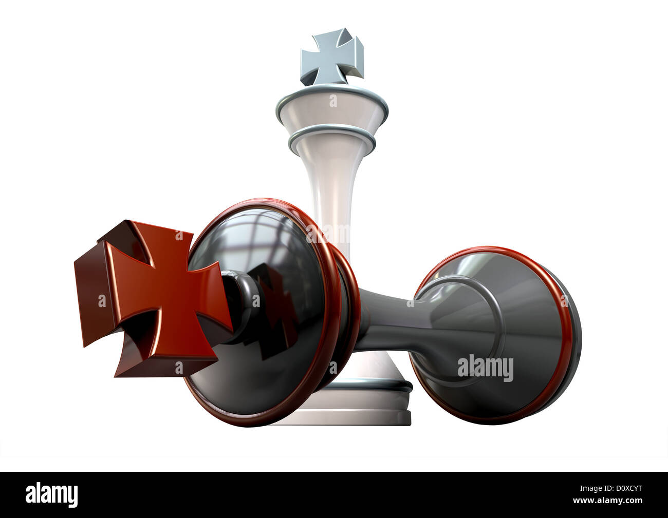 A white chess king standing over the fallen black king on an isolated ...