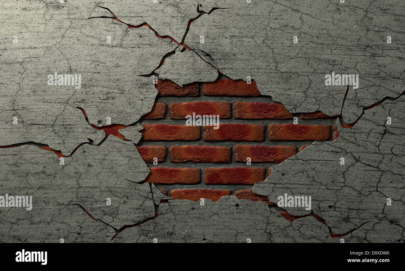 A plastered brick wall with the plaster cracked away revealing a brick ...