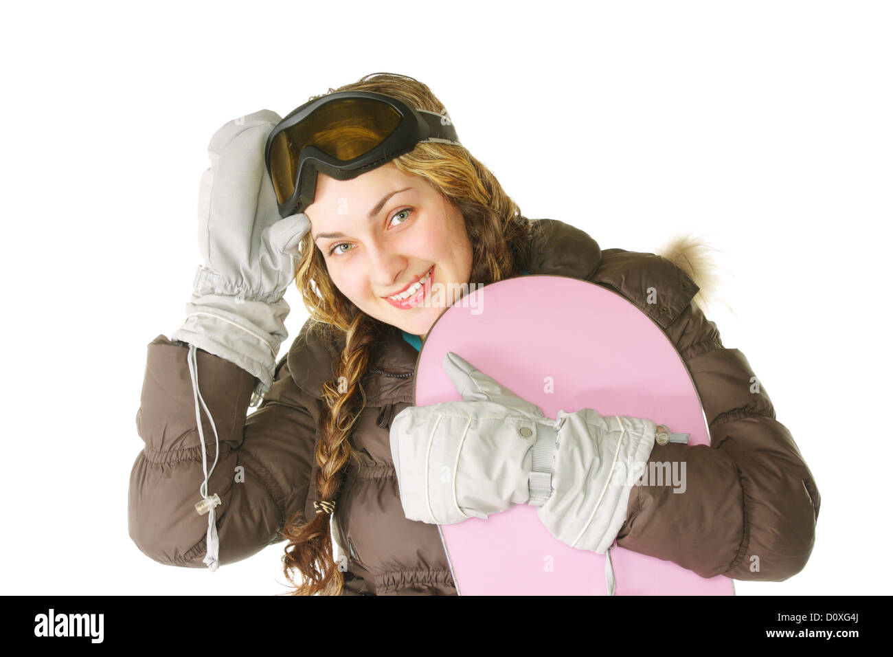 Woman with pink snowboard Stock Photo - Alamy