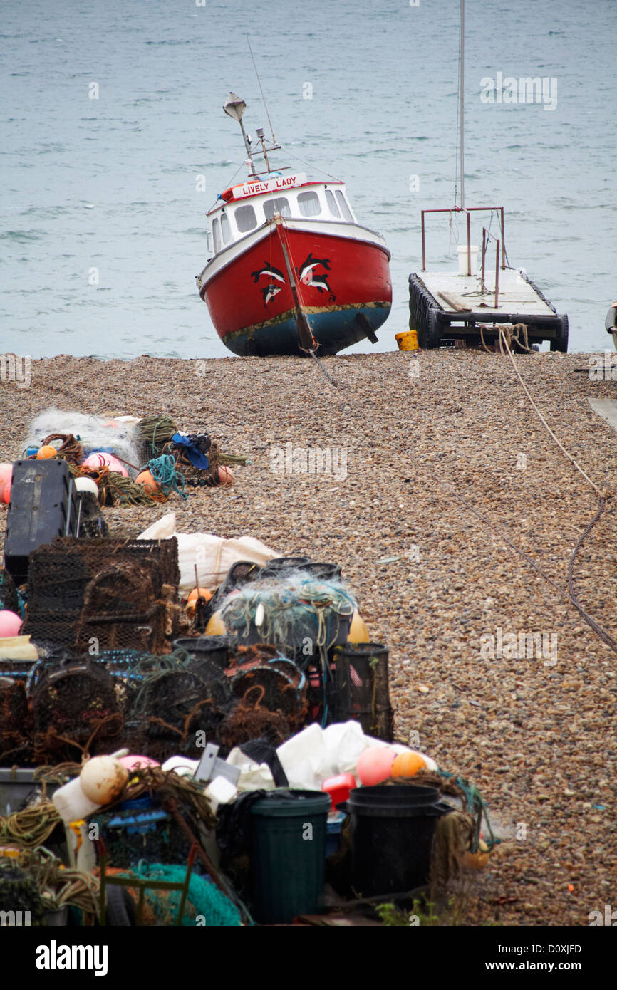 Lively Lady fishing boat and tackle on beach at Beer, East Devon in ...