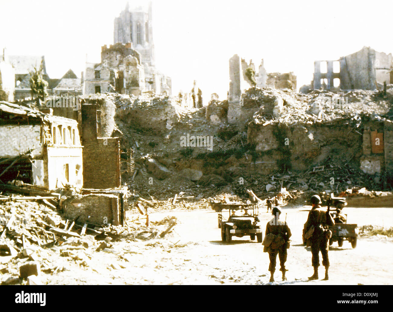 Operation, Overlord, Normandy, Two, American, soldiers, jeeps, ruins ...