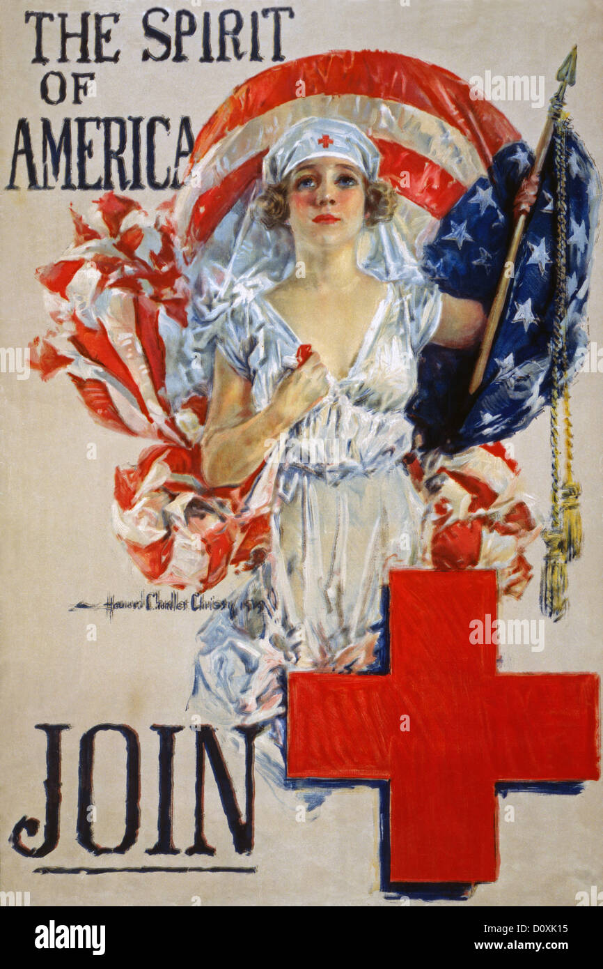 USA, World War I, American, propaganda, poster, Red Cross, nurse, flag ...