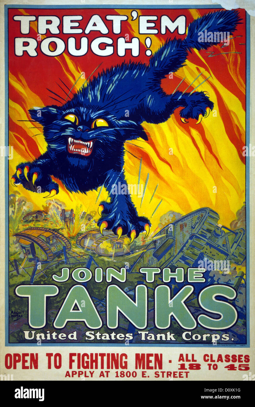 USA, World War I, American, recruitment, poster, black, cat, fangs ...