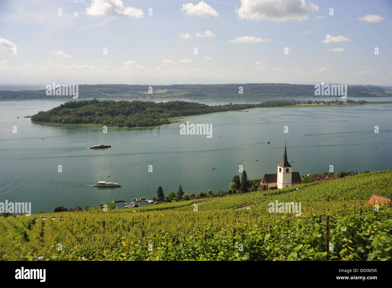 Lake of Bienne, Ligerz, harbour, church, vineyard, boats, lake, Canton ...
