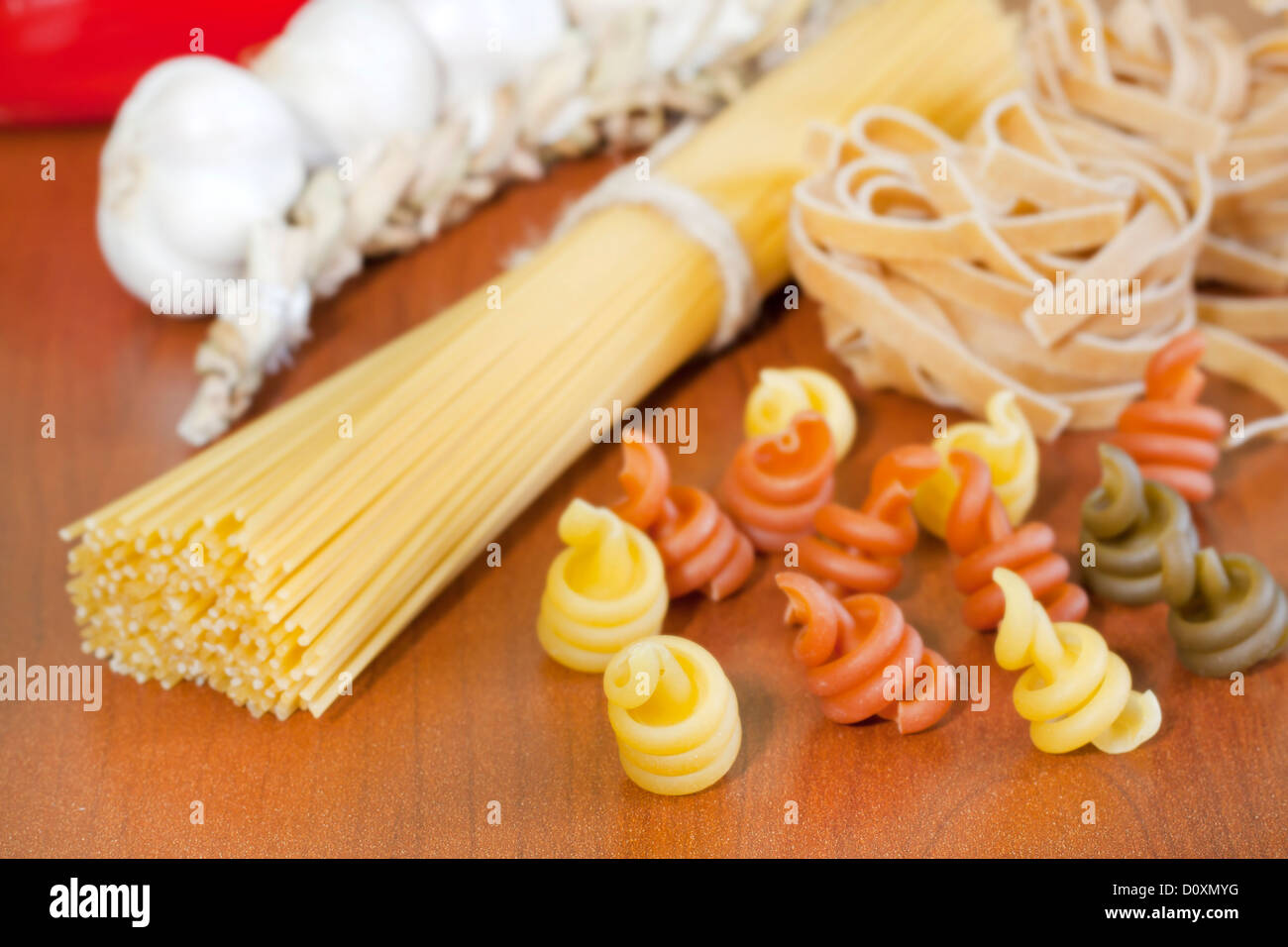 Pasta spaghetti various assortment on table Stock Photo - Alamy