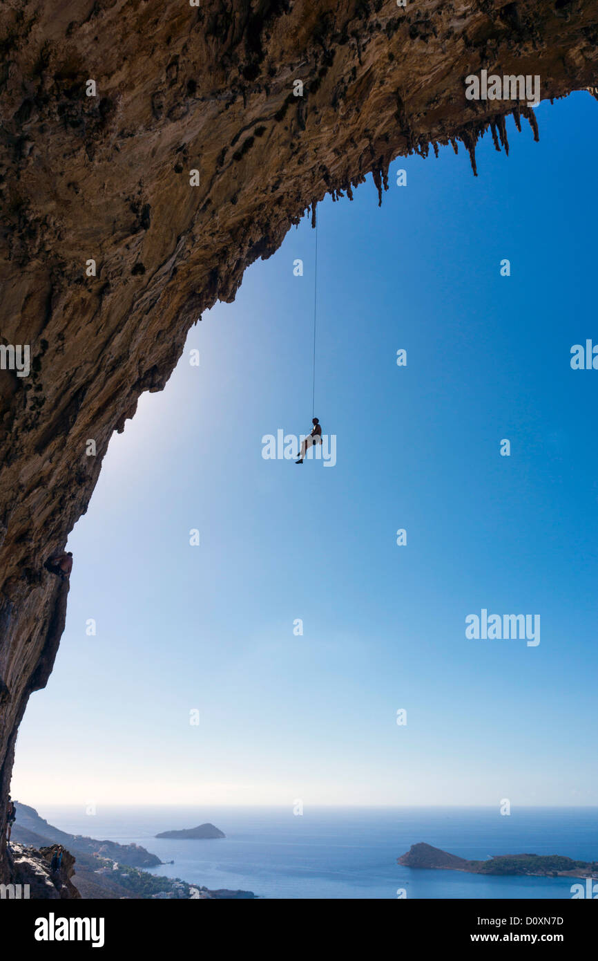 Rock climber on overhanging cliff, Grande Grotta, Kalymnos Greece Stock ...
