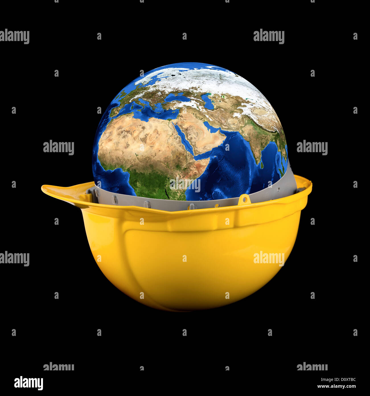 Yellow helmet with earth planet Stock Photo - Alamy