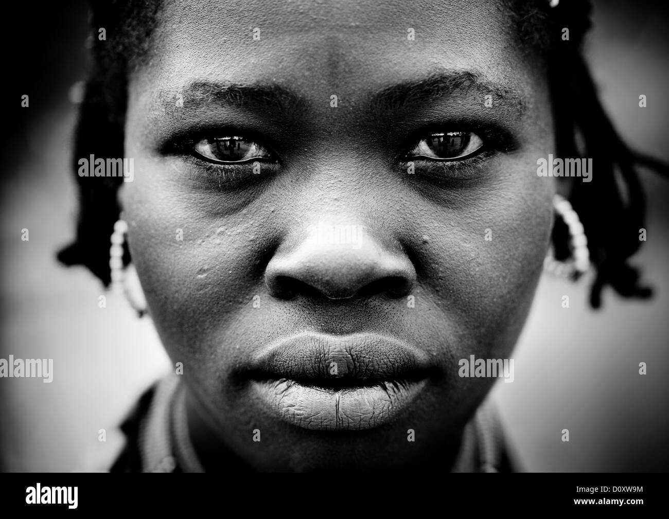 Black And White Close Up Portrait Of A Hamar Woman With Stranded Hair ...