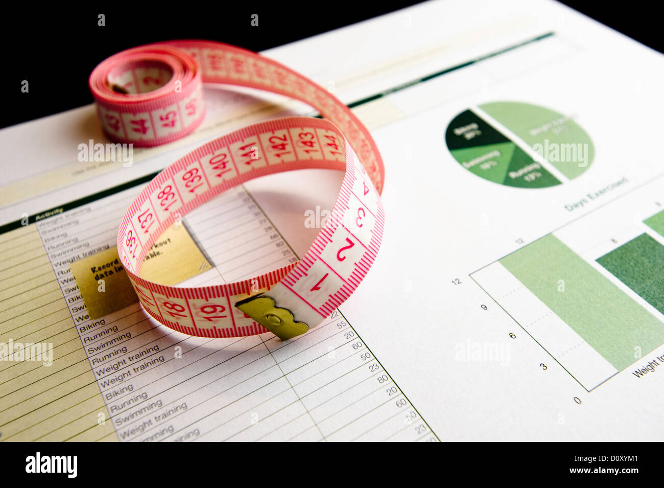 Training workout, calculation paper and tape measure Stock Photo - Alamy