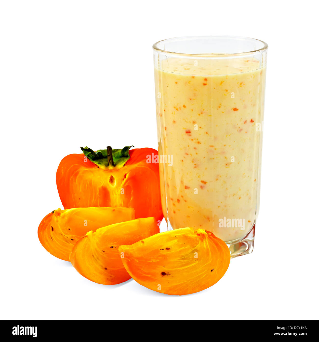 Milk shake in a glass beaker with persimmon isolated on white ...