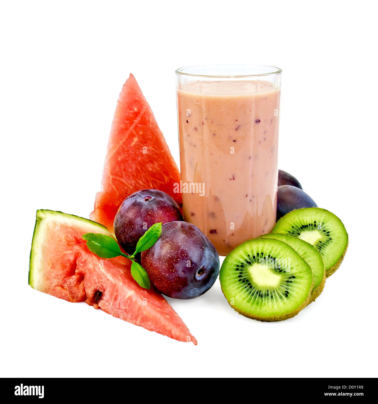 Milk shake in a glass beaker with plums, kiwi and watermelon isolated ...