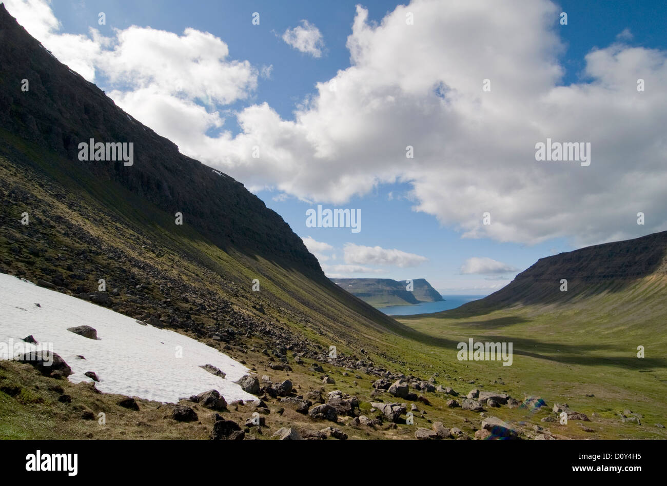 View to Saebol, in Adalvik Bay on the Hornstrandir Peninsula on the ...