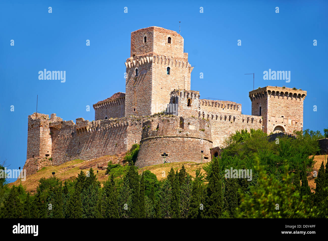 The medieval battlements of the Rocca Maggiore castle on the hilltop ...