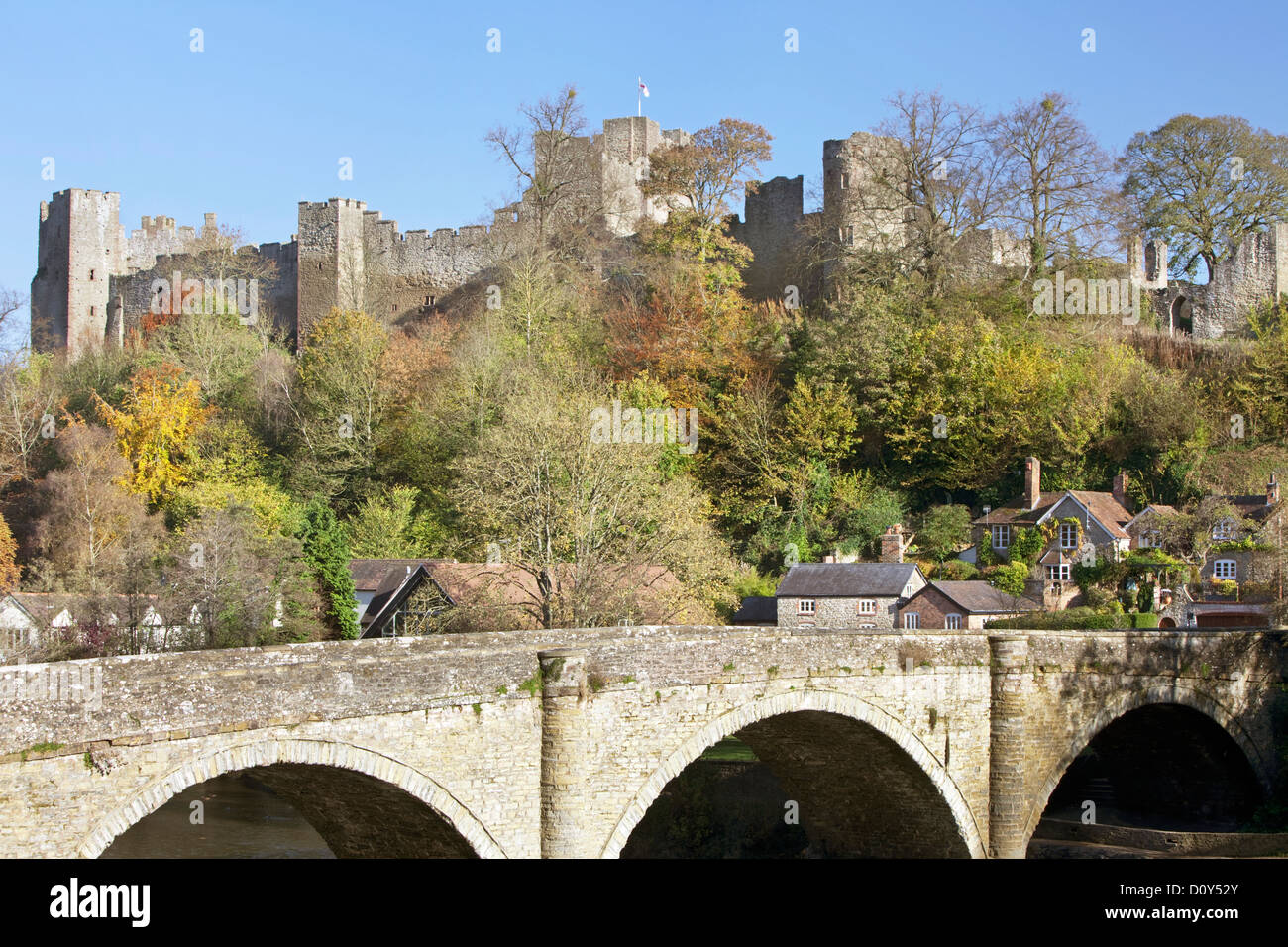 Ludlow Castle and Dinham bridge in autumn from Whitecliff, Shropshire ...