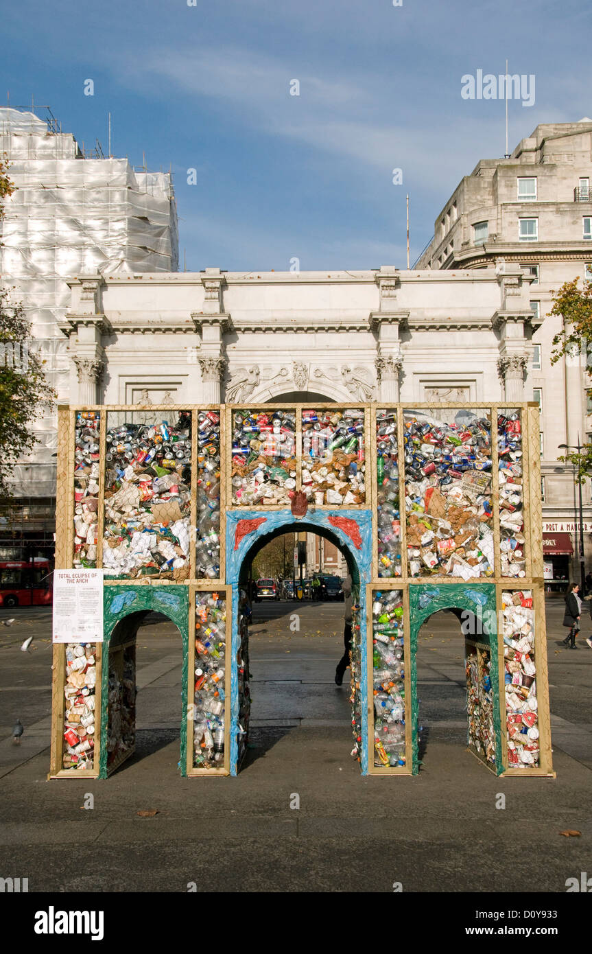 Marble Arch replica built from litter which will hopefully be recyced ...