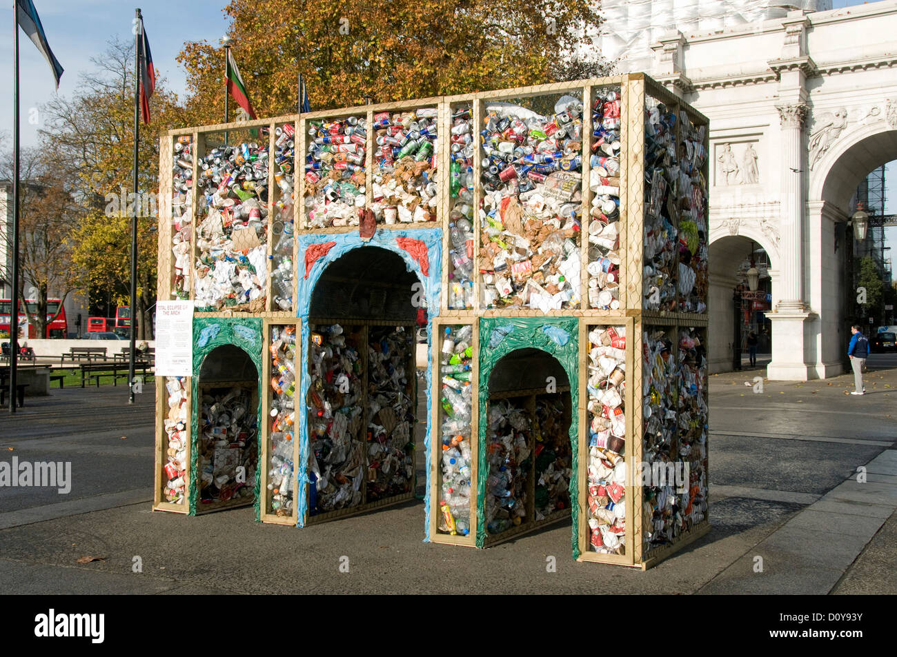 Marble Arch replica built from litter which will hopefully be recyced ...