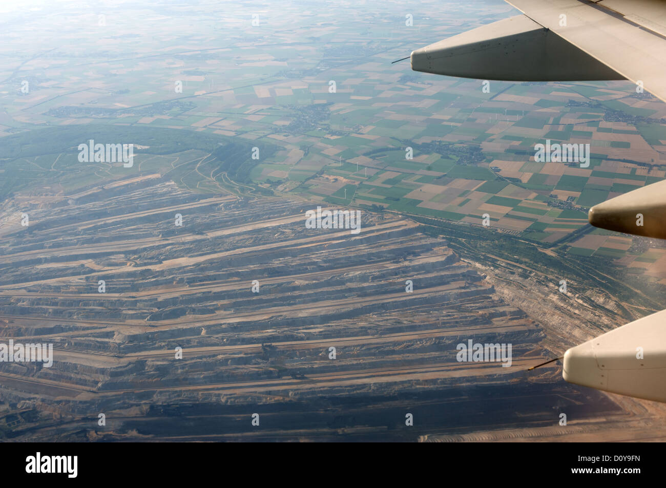 View of an open-cast coal mine from a commercial passenger airliner ...