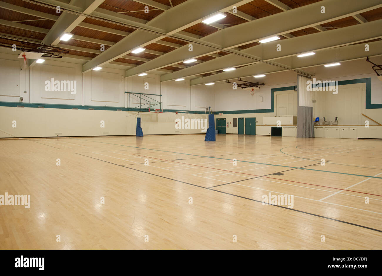 Empty sports gymnasium with basketball hoop and badminton net Stock ...