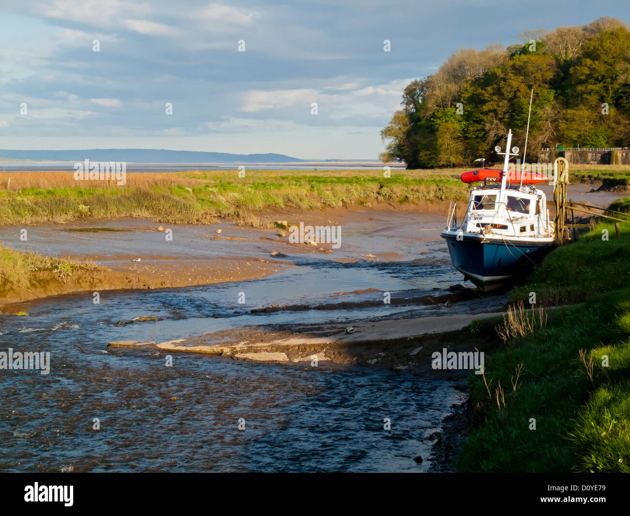 Tidal mudflats of the River Taf estuary in Laugharne Carmarthenshire ...