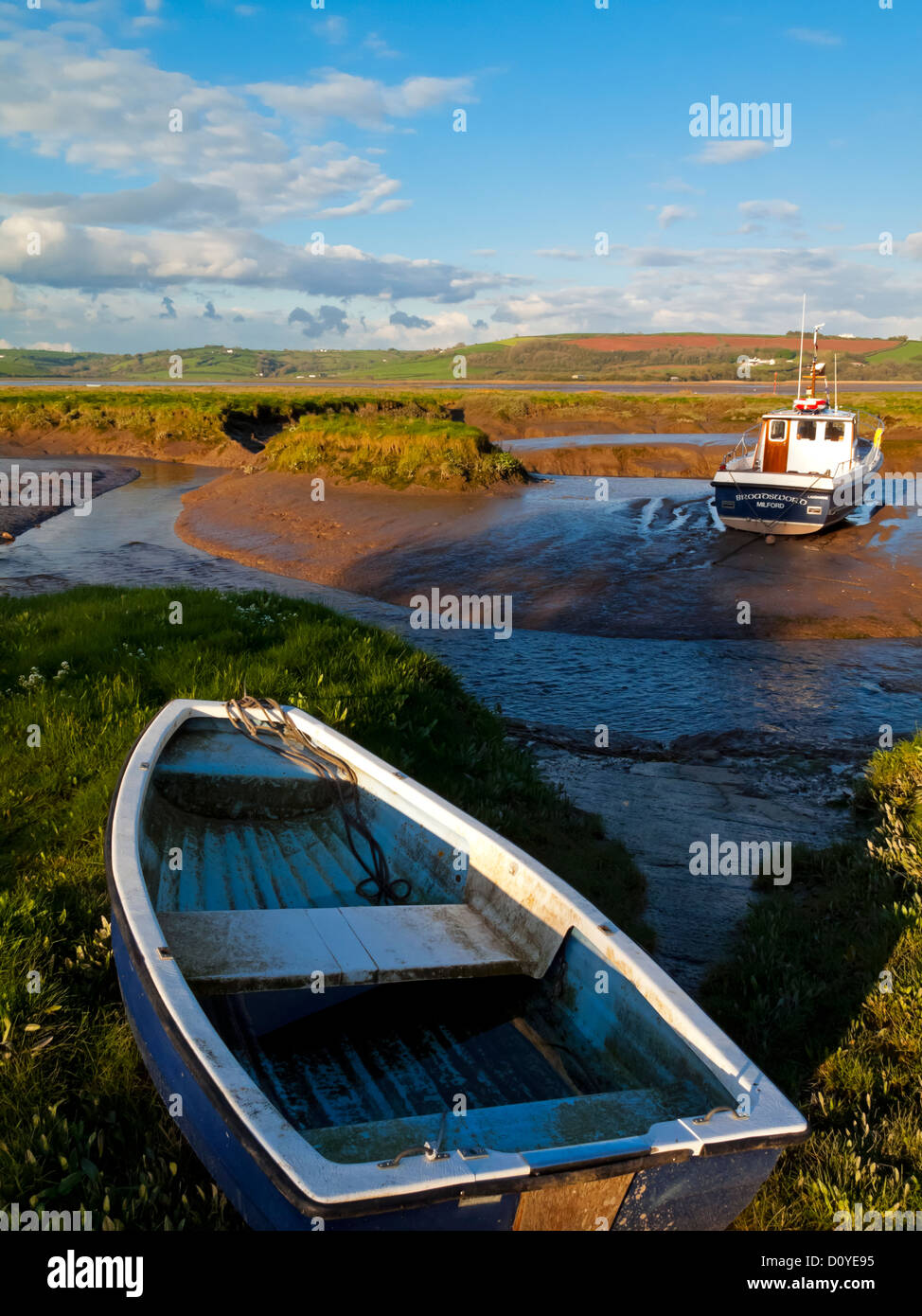 Tidal mudflats of the River Taf estuary in Laugharne Carmarthenshire ...