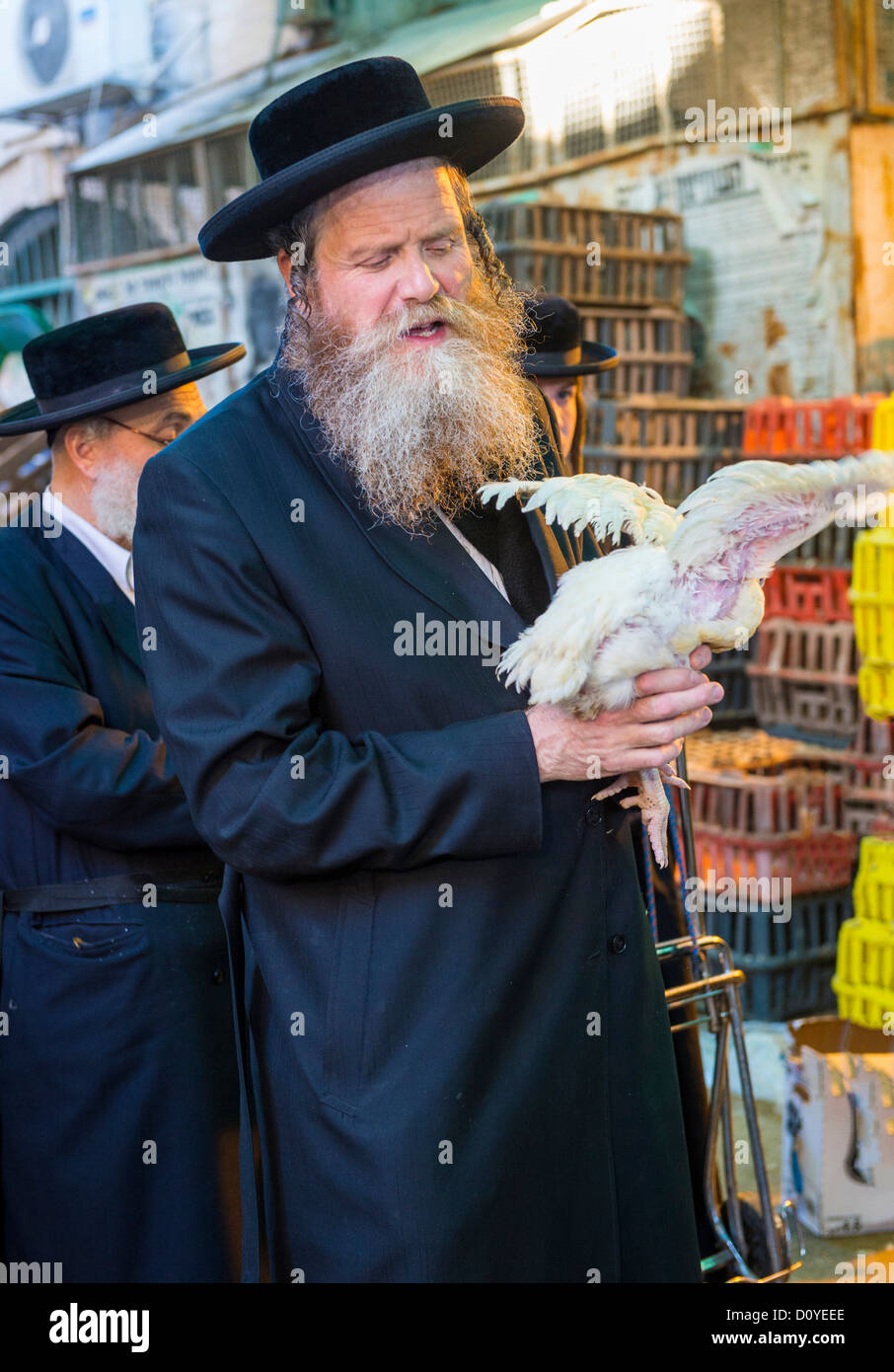 An ultra Orthodox Jewish man prays with a chicken during the Kaparot ...