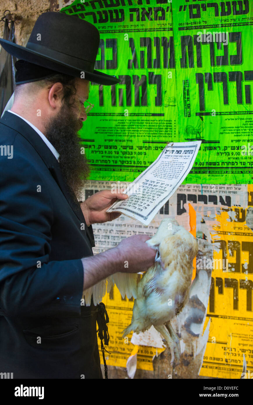 An ultra Orthodox Jewish man prays with a chicken during the Kaparot ...