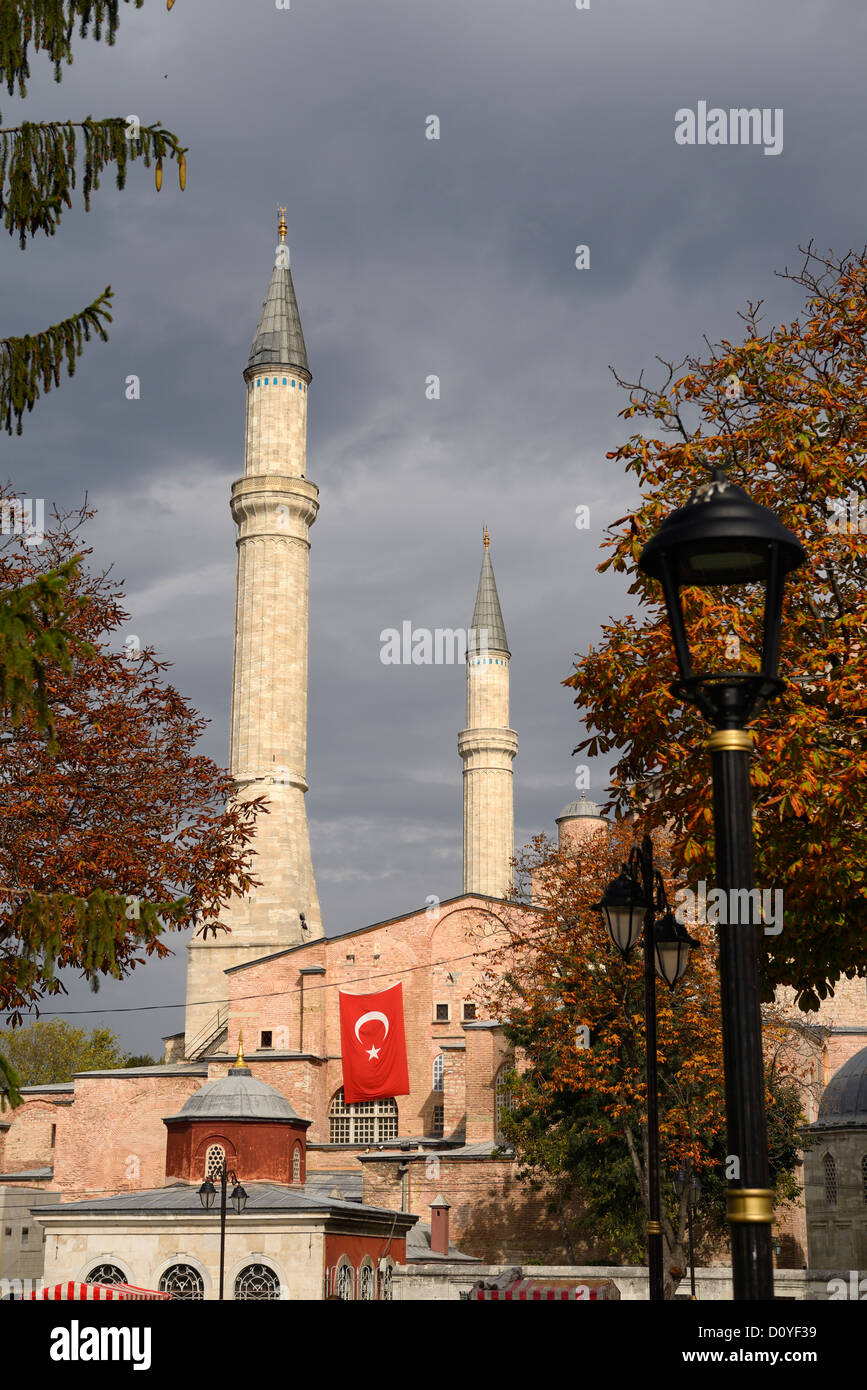 Later two minarets of the ancient Hagia Sophia mosque and Cathedral in ...