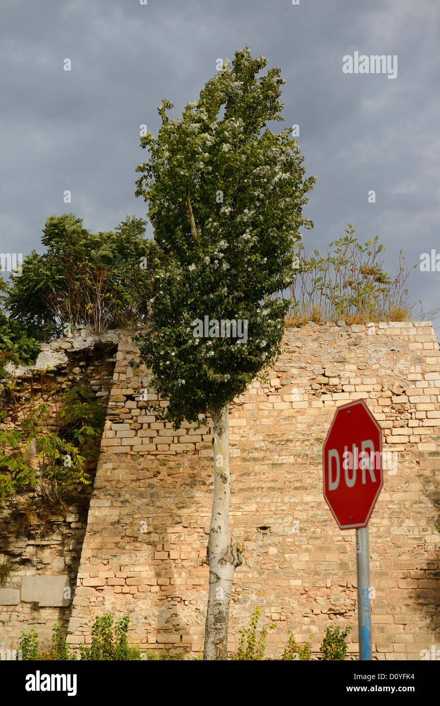 Turkish stop sign DUR at the outer rampart sea wall of Constantinople ...