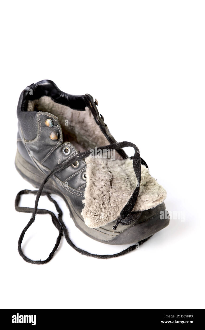 Old winter boot with lace isolated Stock Photo - Alamy