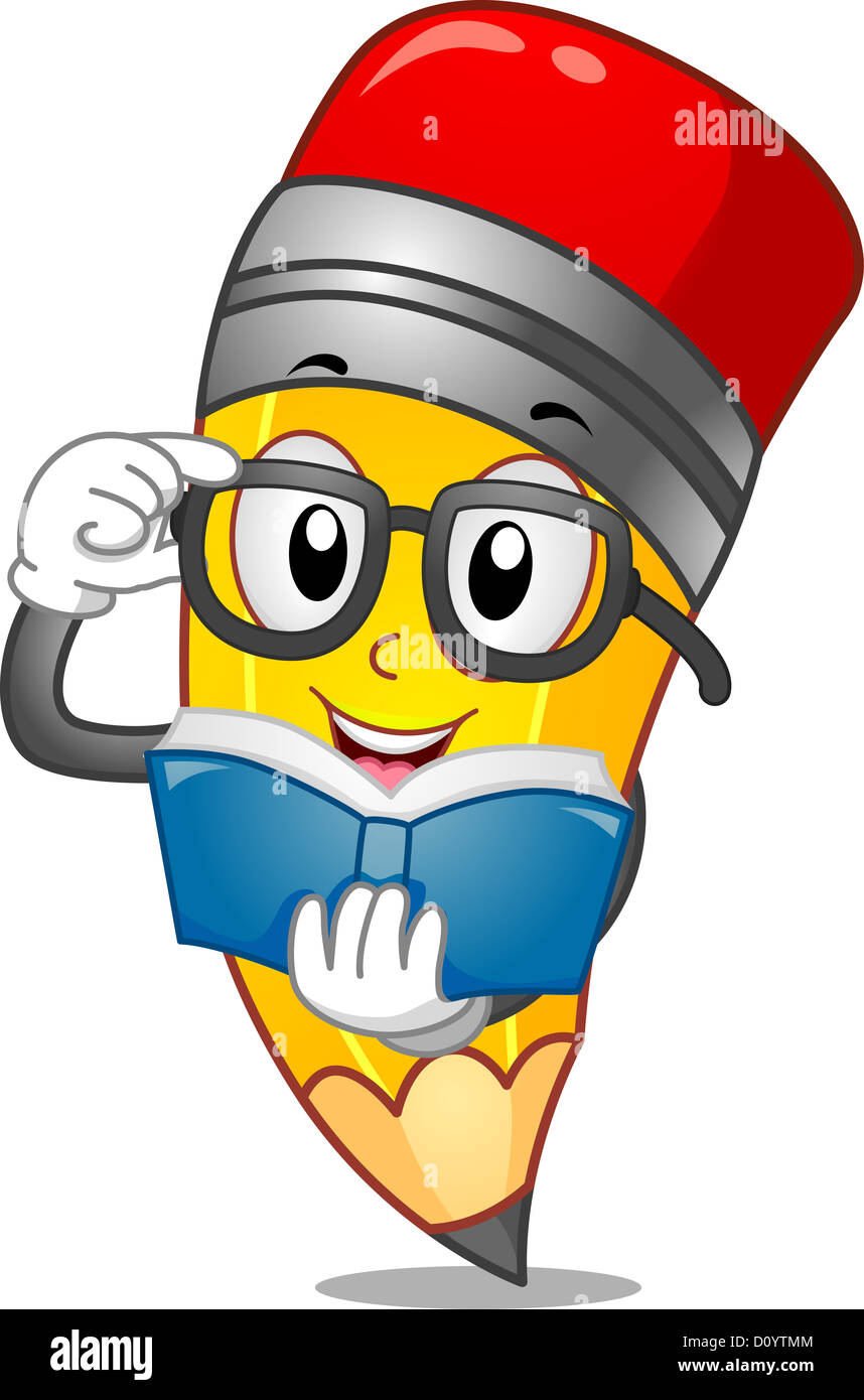 Mascot Illustration of a Pencil Reading a Book Stock Photo - Alamy