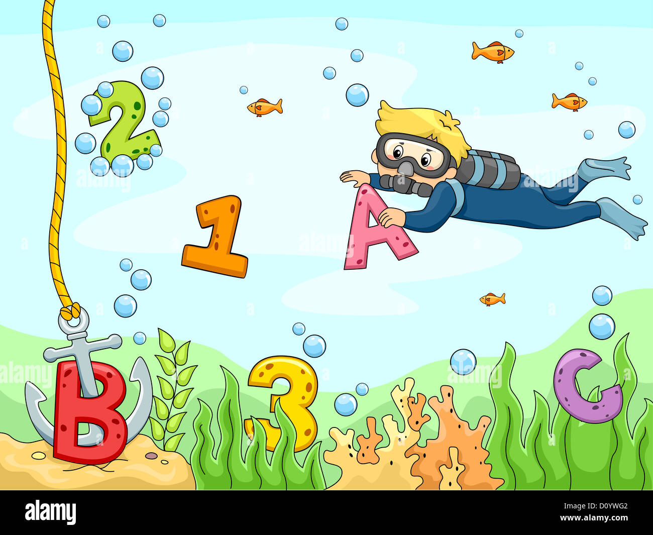 Background Illustration of A Kid Scubadiver searching for letters and ...