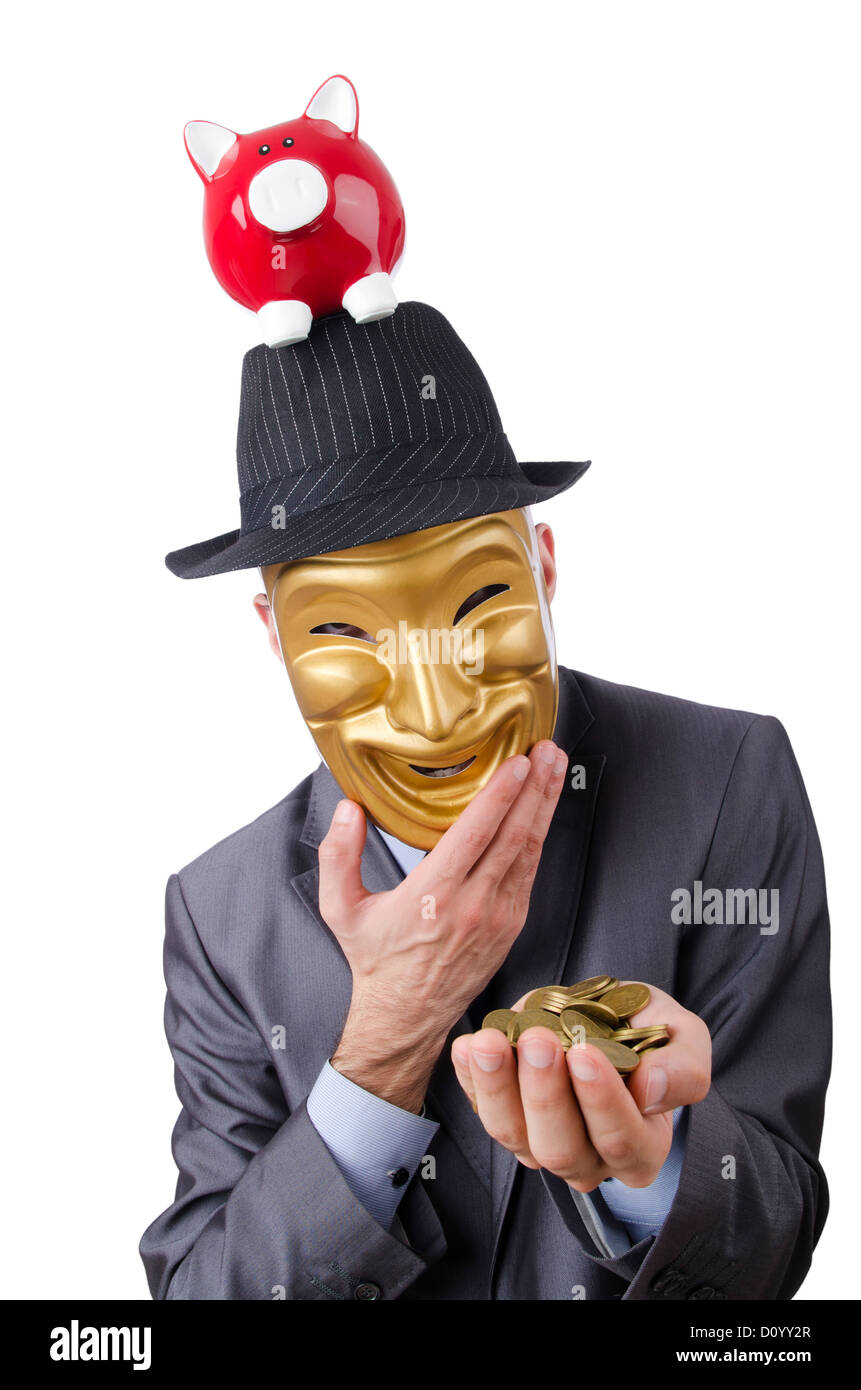 Man with piggybank on white Stock Photo - Alamy