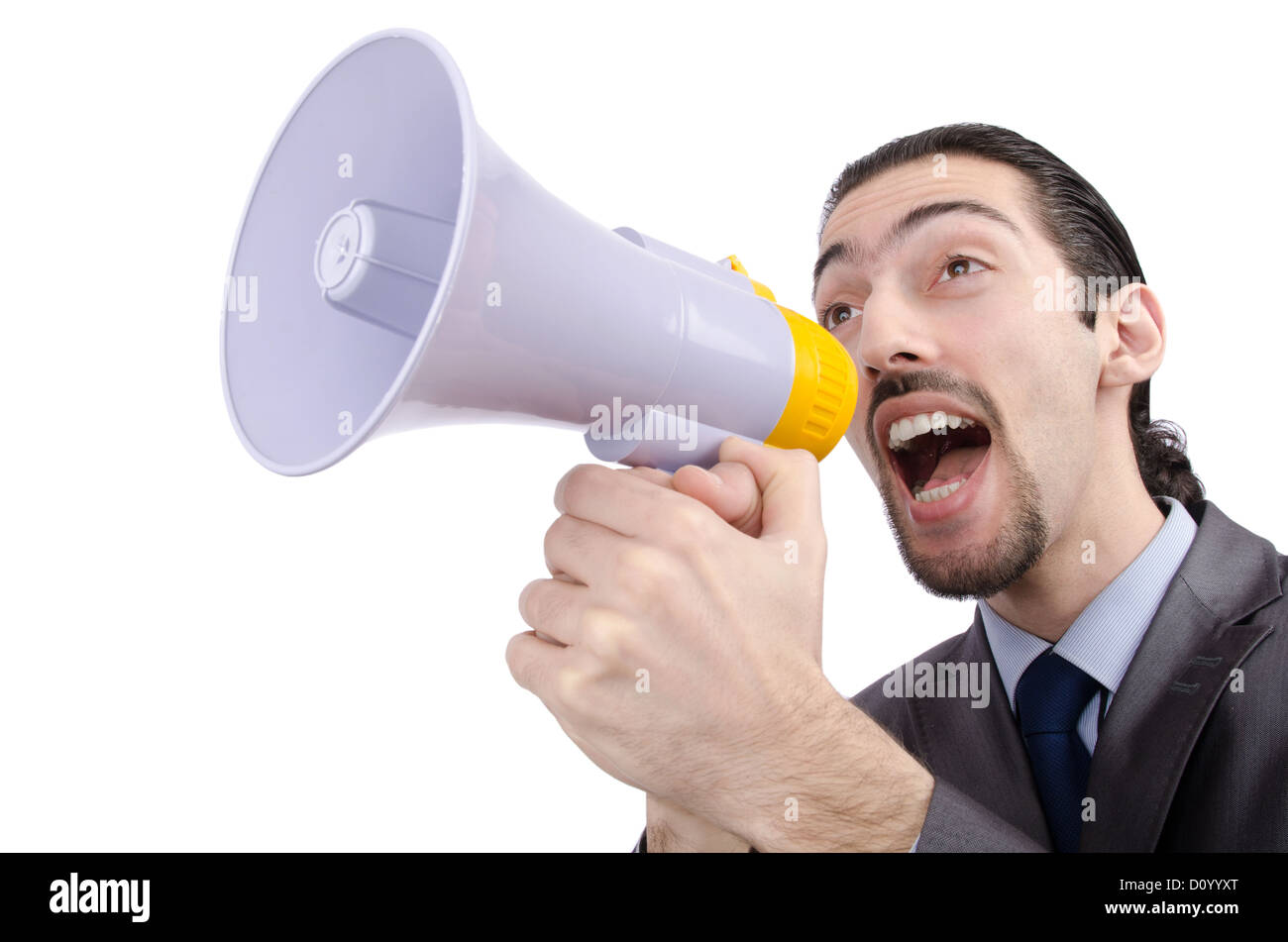 Man shouting and yelling with loudspeaker Stock Photo - Alamy